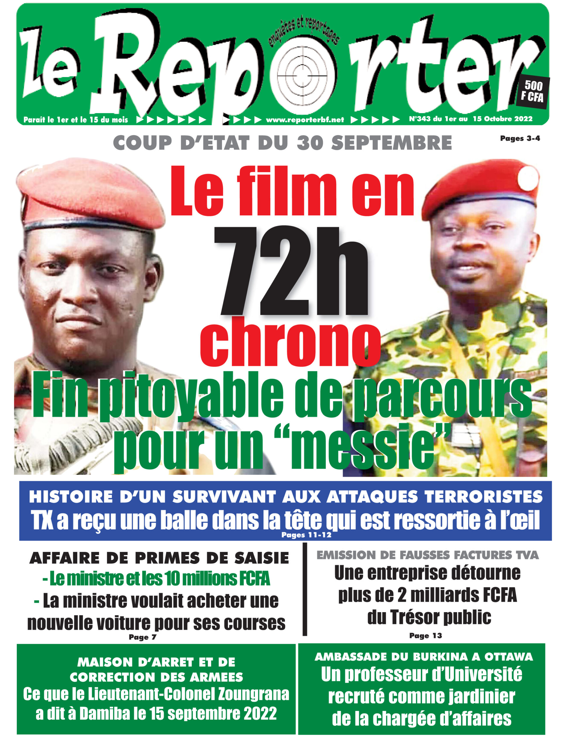 La Une du 1er Octobre 2022 - Journal Le Reporter